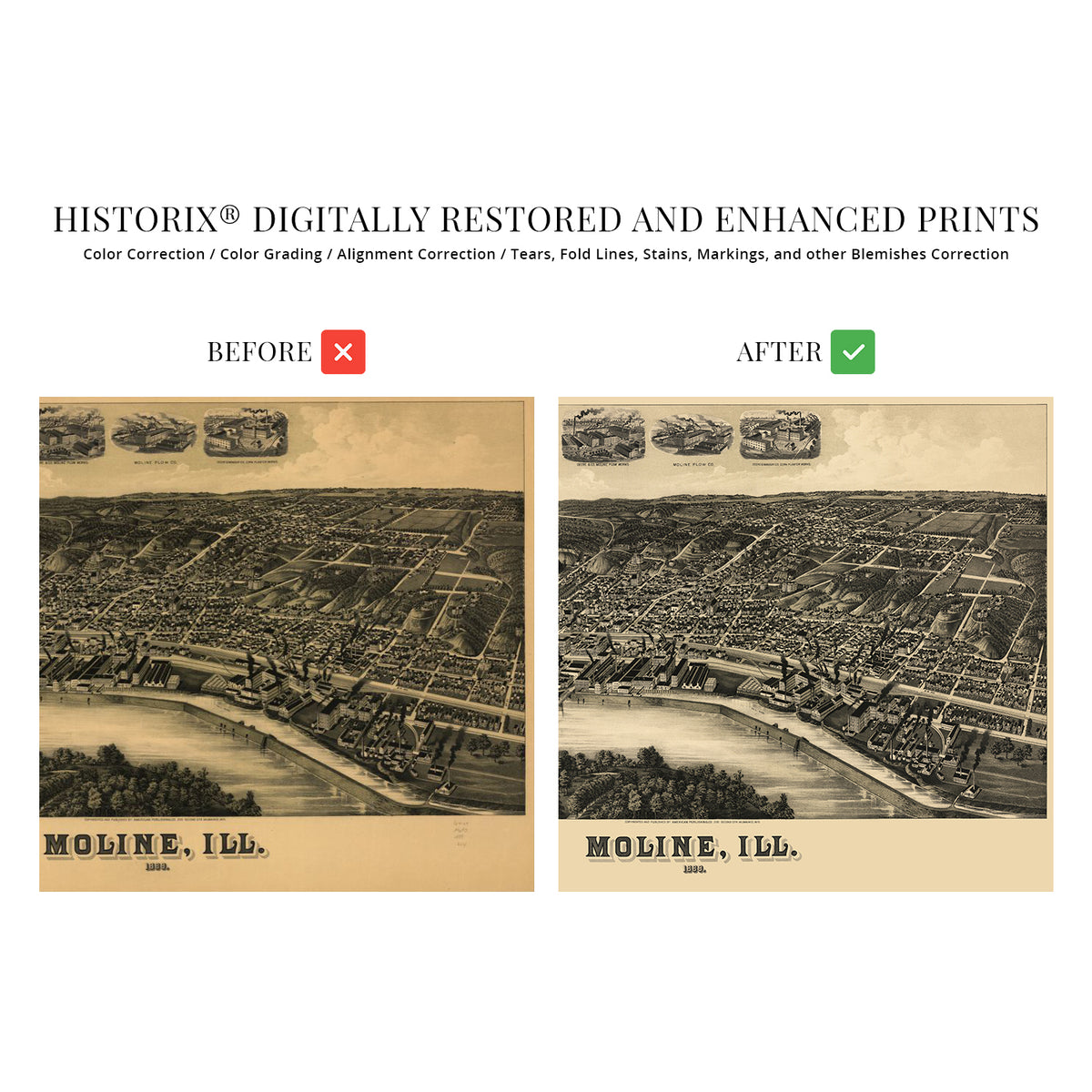 1889 Moline City Illinois Bird's Eye View Map Wall Art Print – Historic ...