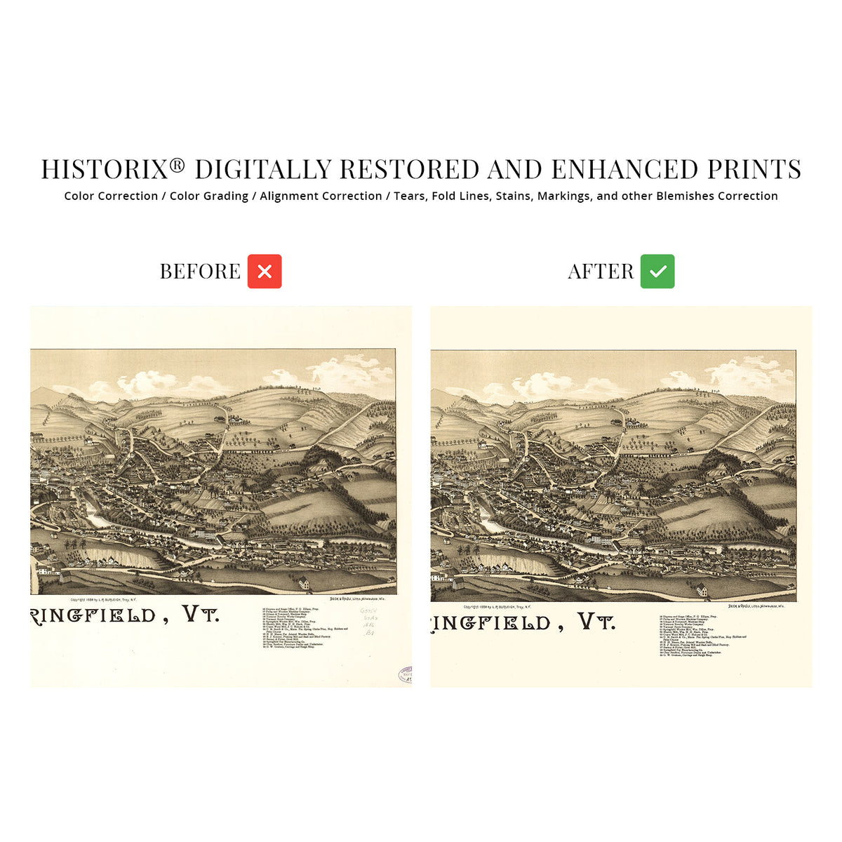 1886 Springfield City Vermont Bird's Eye View Map Wall Art Print ...