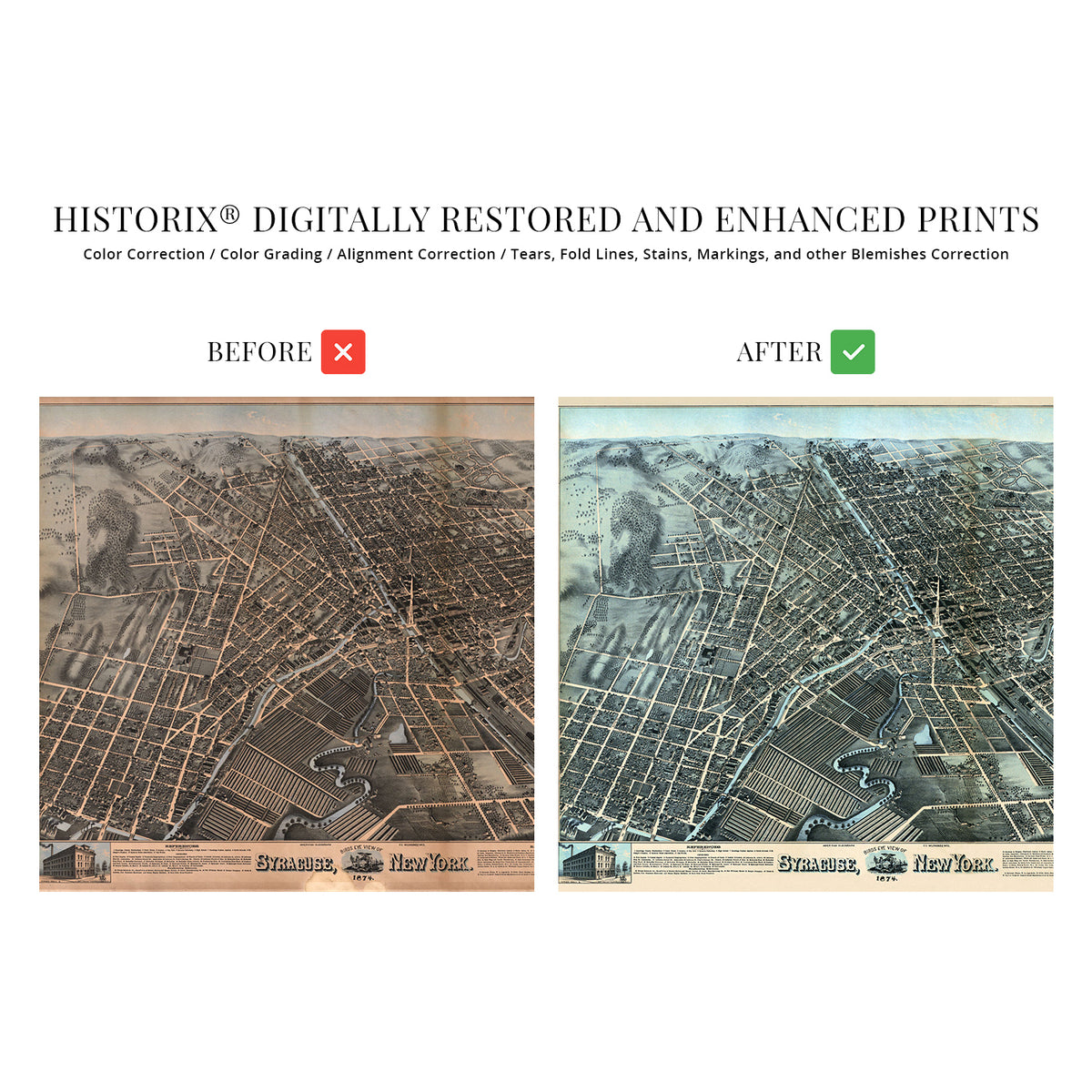 1874 Syracuse New York Bird's Eye View Map Wall Art Print – Historic Prints