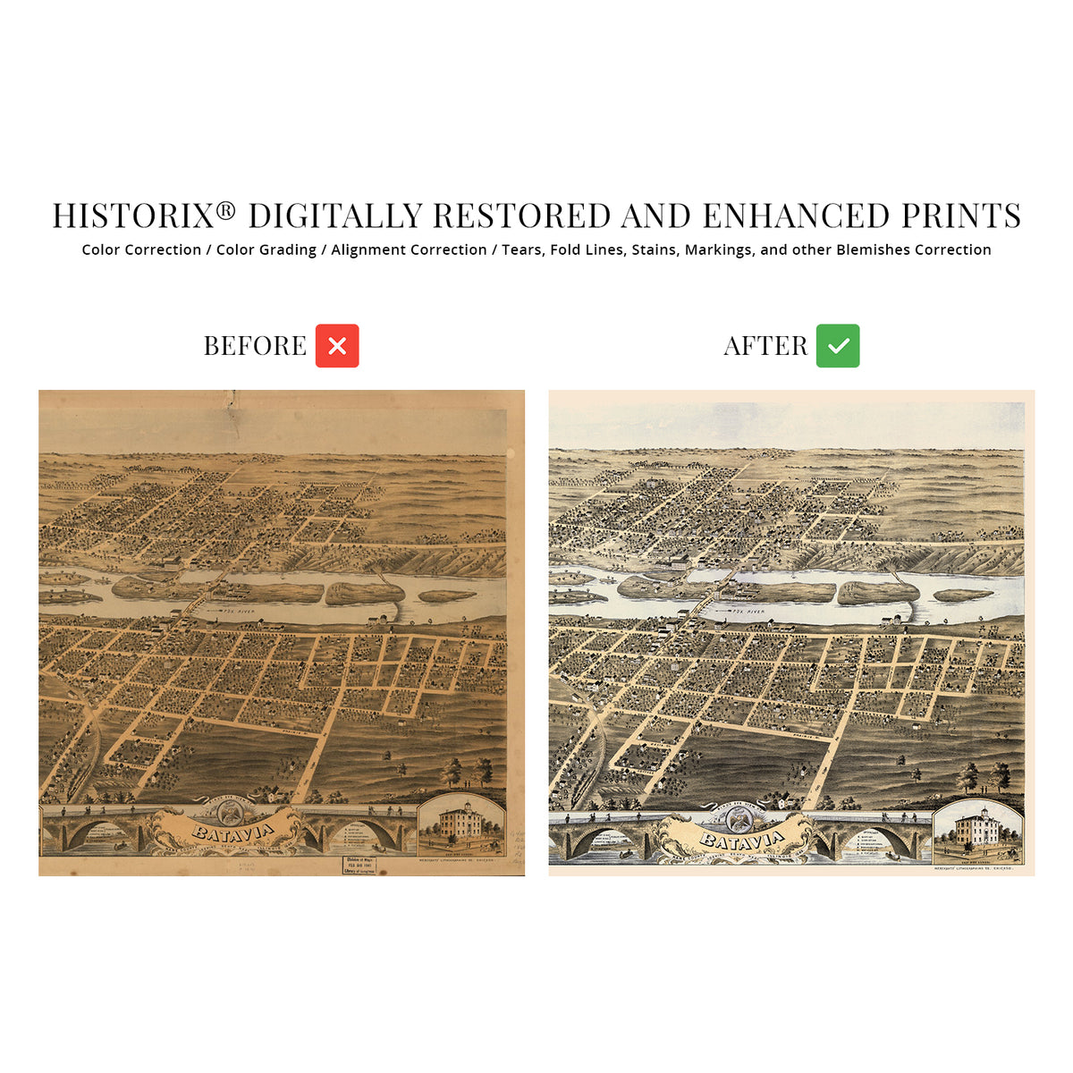 1869 Bird's Eye View Map of Batavia City Illinois Wall Art Print ...