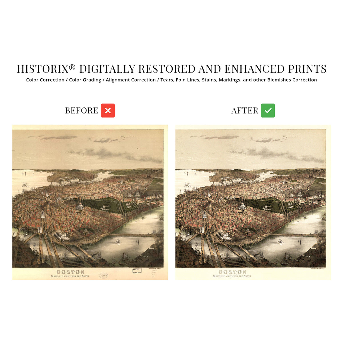 1877 Boston City Bird's Eye View from the North Map Wall Art Print ...