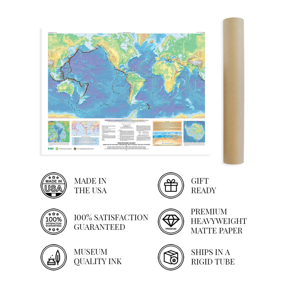 2006 World Map of Volcanoes Earthquakes Impact Craters Wall Art Print ...