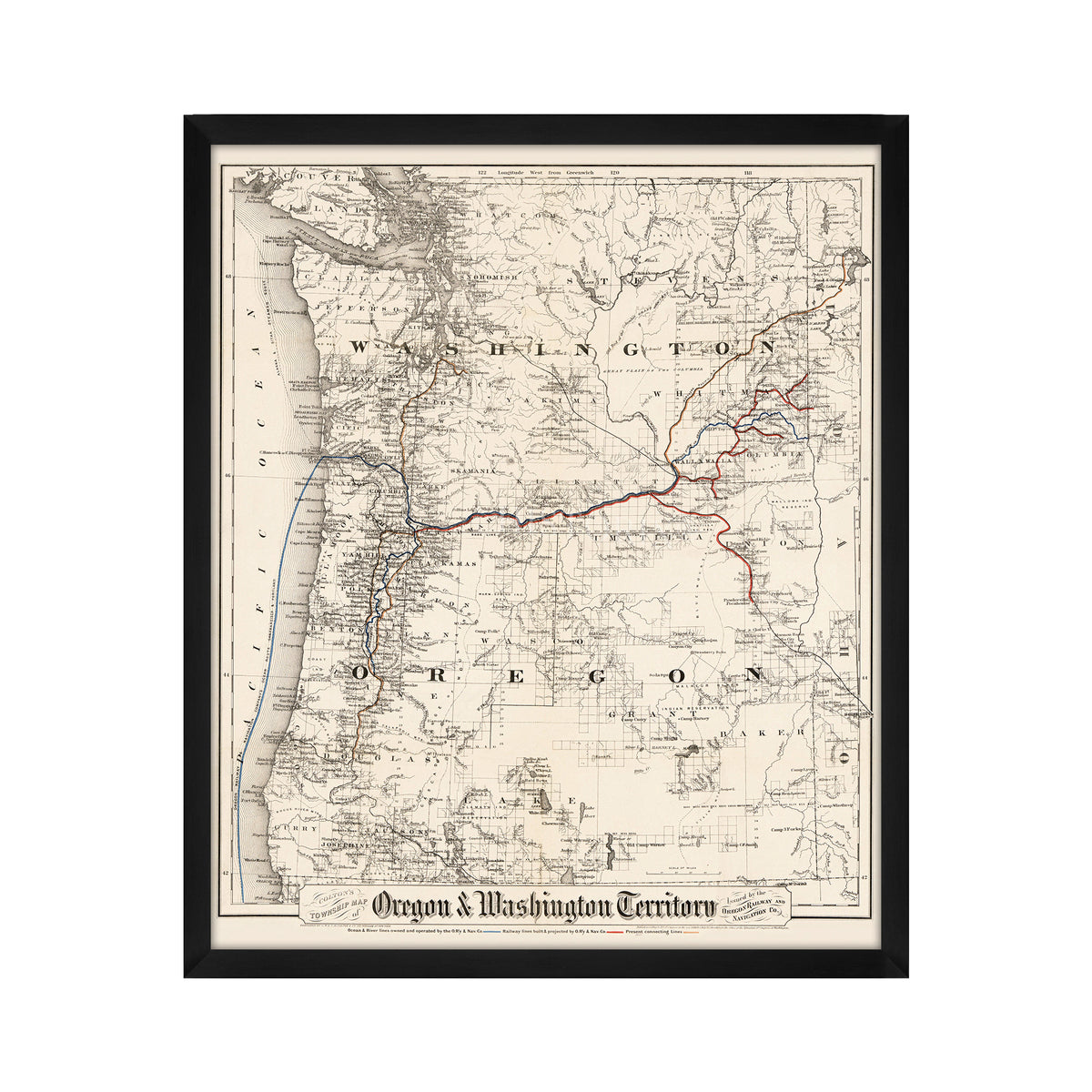 1880 Township Map of Oregon & Washington Territory Framed Wall Art ...