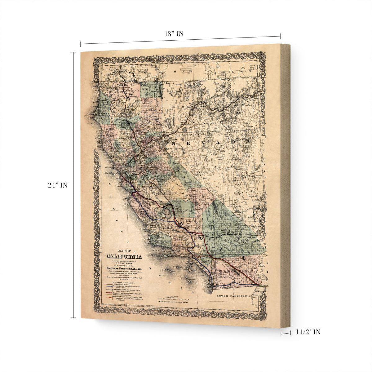 1876 Map of California State Including Nevada Canvas Wall Art ...