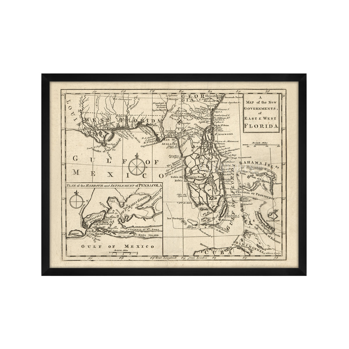 1763 New Governments of East & West Florida Map Framed Wall Art ...